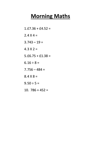 Morning maths activities - year 2/3/4 depending on ability - 31 ...