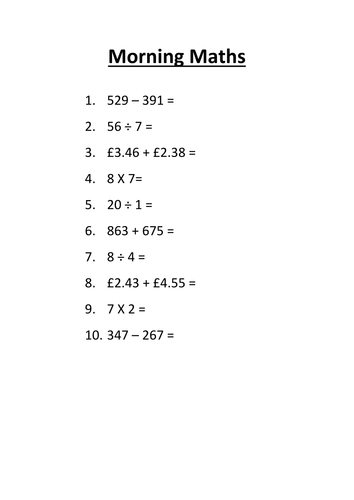 Morning maths activities - year 2/3/4 depending on ability - 31 ...