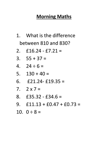 Morning maths activities - year 2/3/4 depending on ability - 33 ...