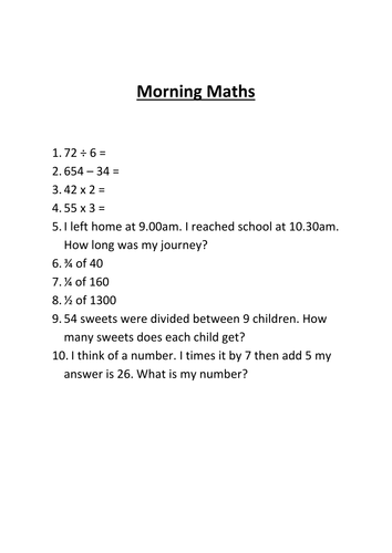 Morning maths activities - year 2/3/4 depending on ability - 33 ...