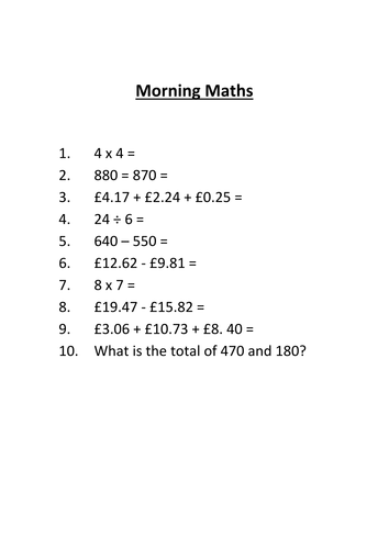 Morning maths activities - year 2/3/4 depending on ability - 33 ...