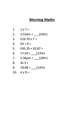 Morning maths activities - year 2/3/4 depending on ability - 33 ...