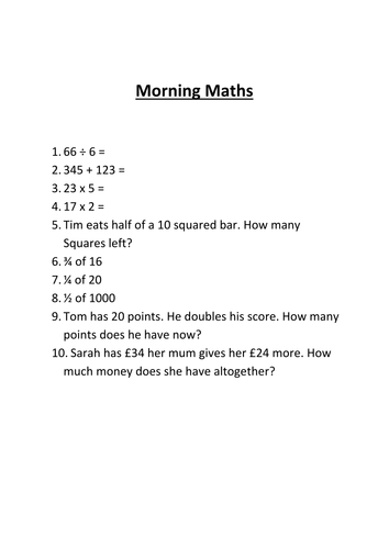 Morning maths activities - year 2/3/4 depending on ability - 33 ...