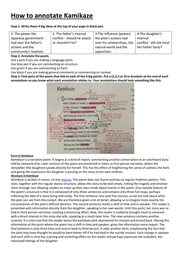 Emigree and Kamikaze worksheets Power and Conflict AQA poetry ...