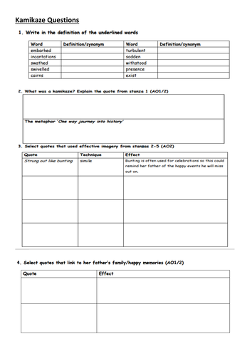 Emigree and Kamikaze worksheets Power and Conflict AQA poetry ...