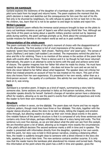 Emigree and Kamikaze worksheets Power and Conflict AQA poetry ...