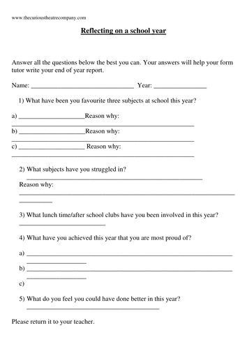 Student reflection sheet to help Tutors write end of term reports ...