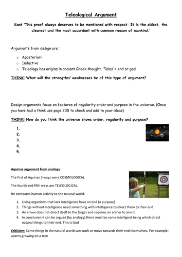 Teleological Argument Paley Generic worksheets and resources | Teaching ...