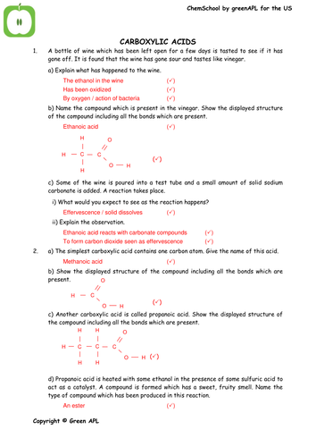 ChemSchool: Alcohols and carboxylic acid | Teaching Resources