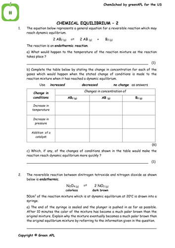 ChemSchool: Equilibria reactions | Teaching Resources
