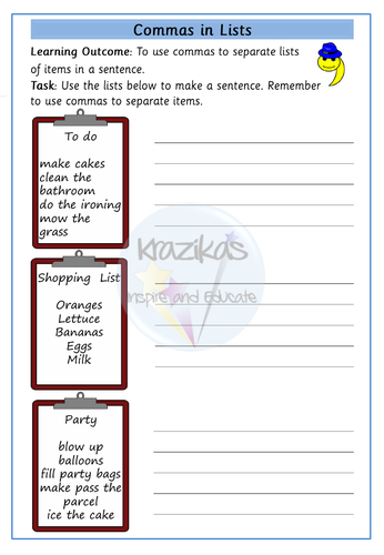Commas In Lists | Teaching Resources