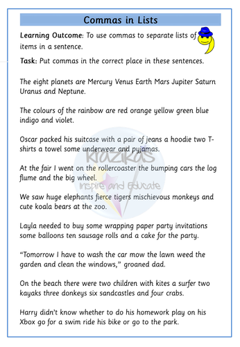 Commas In Lists | Teaching Resources