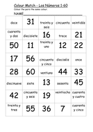 Numbers 1-60 COLOUR MATCH (Spanish) | Teaching Resources