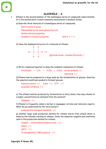 ChemSchool: Alcohols, reactions and uses | Teaching Resources
