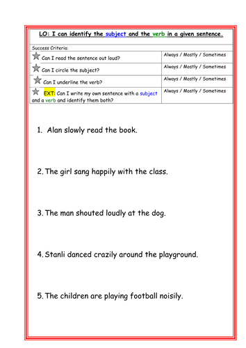 Identifying the subject and the verb in a given sentence KS1 / LKS2 ...