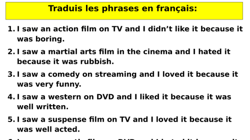 French KS3 Film: Past tense speaking & writing mat for films, cinema ...