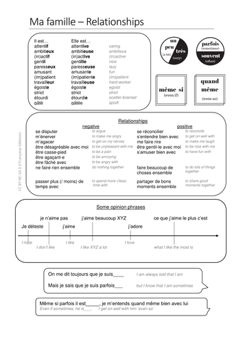 Relationship with family and friends in French: students summary ...
