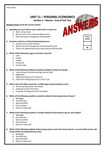 AQA GCSE Economics Unit 11 Money Section 'in-class assessment ...