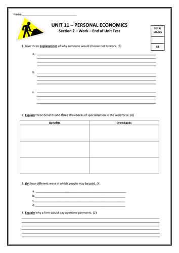 AQA GCSE Economics Unit 11 Work Section 'in-class assessment ...