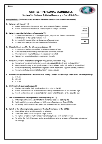 AQA GCSE Economics Unit 11 National and Global Economy Section 'in ...
