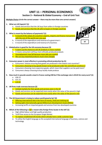 AQA GCSE Economics Unit 11 National and Global Economy Section 'in ...