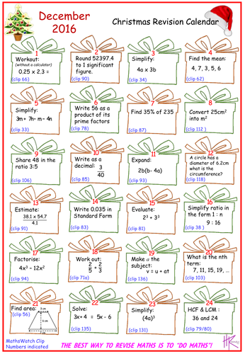 GCSE (H/F) December 2016 Advent Daily Revision Calendar | Teaching ...