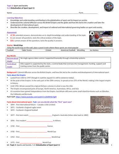 A-level PE EDEXCEL (Spec 2016) 5.2: Globalisation of sport (P1 ...