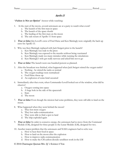 Apollo 13 Movie Worksheets | Teaching Resources