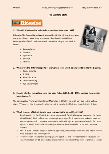 AQA GCSE Economics Unit 12 The Welfare State | Teaching Resources