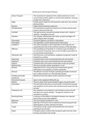 AQA GCSE Biology - B1 - Cell Structure and Transport Keyword Collection ...