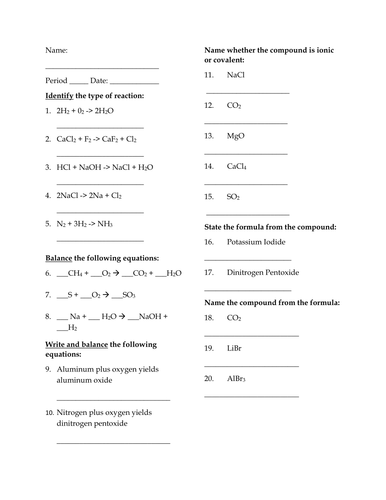 Reactions, Naming, and Balancing Quiz | Teaching Resources