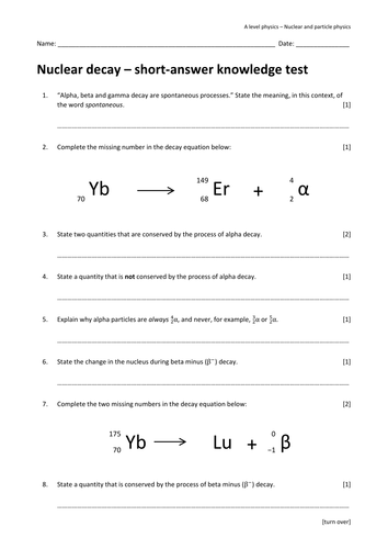 Nuclear decay – short-answer knowledge test | Teaching Resources