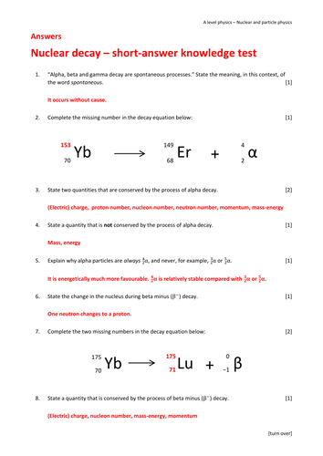 Nuclear decay – short-answer knowledge test | Teaching Resources