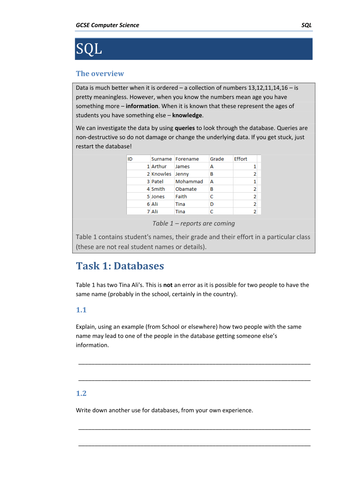 Sql Gcse Computer Science Ocr 9 1 Programming Techniques Teaching Resources