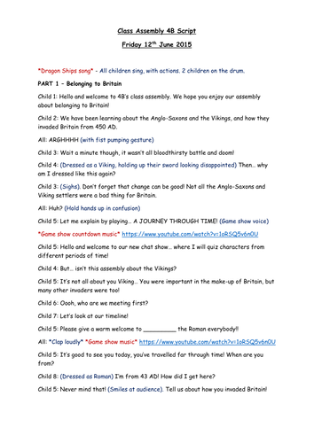 Anglo-Saxon/ Vikings/ Changes through time Assembly Script (15 mins ...