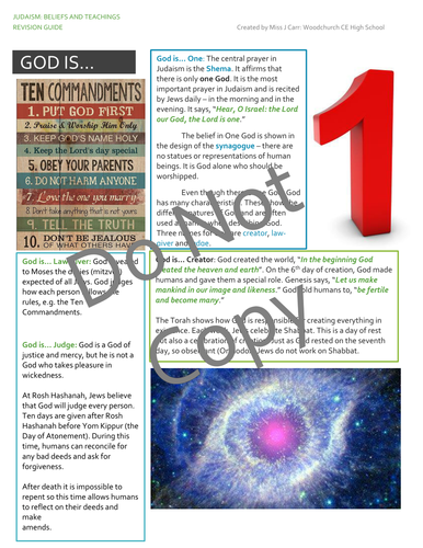 Judaism: Nature of God Jewish Beliefs About God Revision Sheet or ...