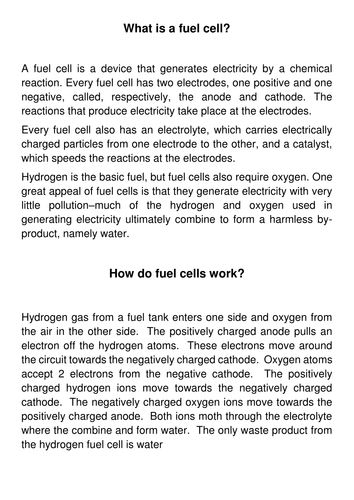 New AQA GCSE Chemistry Hydrogen Fuel Cells Lesson | Teaching Resources