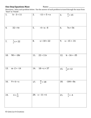 Solving Equations One Step Equations With Negatives - 2 Mazes ...