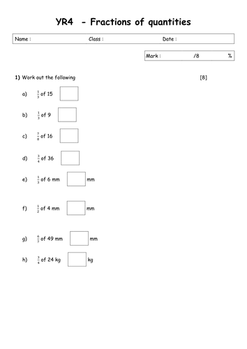 fractions topic year 4 assessment | Teaching Resources