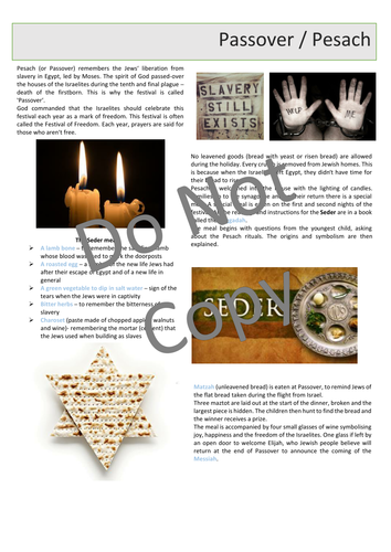 Jewish Festivals: Pesach Passover Information Sheet for GCSE RS ...