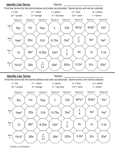 Identify Like Terms Coloring Page Activity | Teaching Resources