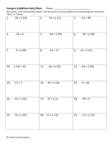 Integers Addition - 2 Mazes | Teaching Resources