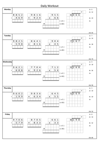 Four Operations Daily Workout (Addition, Subtraction, Multiplication ...