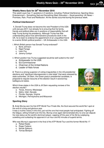 Weekly News Quiz - 28/11/16 | Teaching Resources