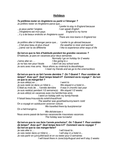 GCSE French Speaking Preparation - Holidays | Teaching Resources