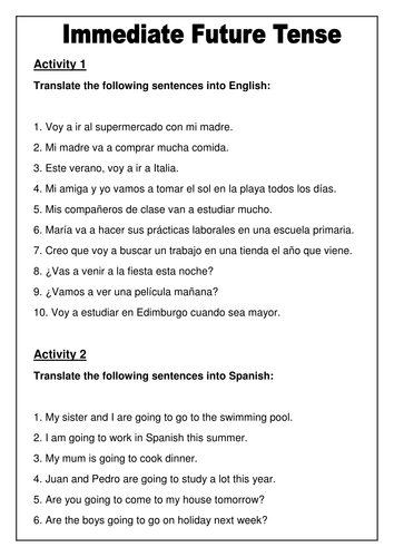 Spanish - Immediate Future Tense Worksheet | Teaching Resources