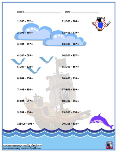 Three Digit Subtraction Worksheets - Pirate Themed - Horizontal (15 ...