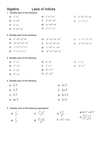 Laws of Indices: Algebraic Introduction | Teaching Resources