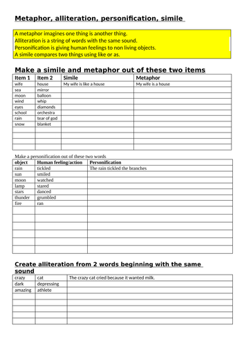 Similes, metaphors, alliteration worksheets | Teaching Resources