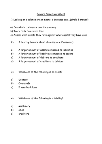 KS4 Balance Sheets for L2 BTEC Business and GCSE Business Studies ...